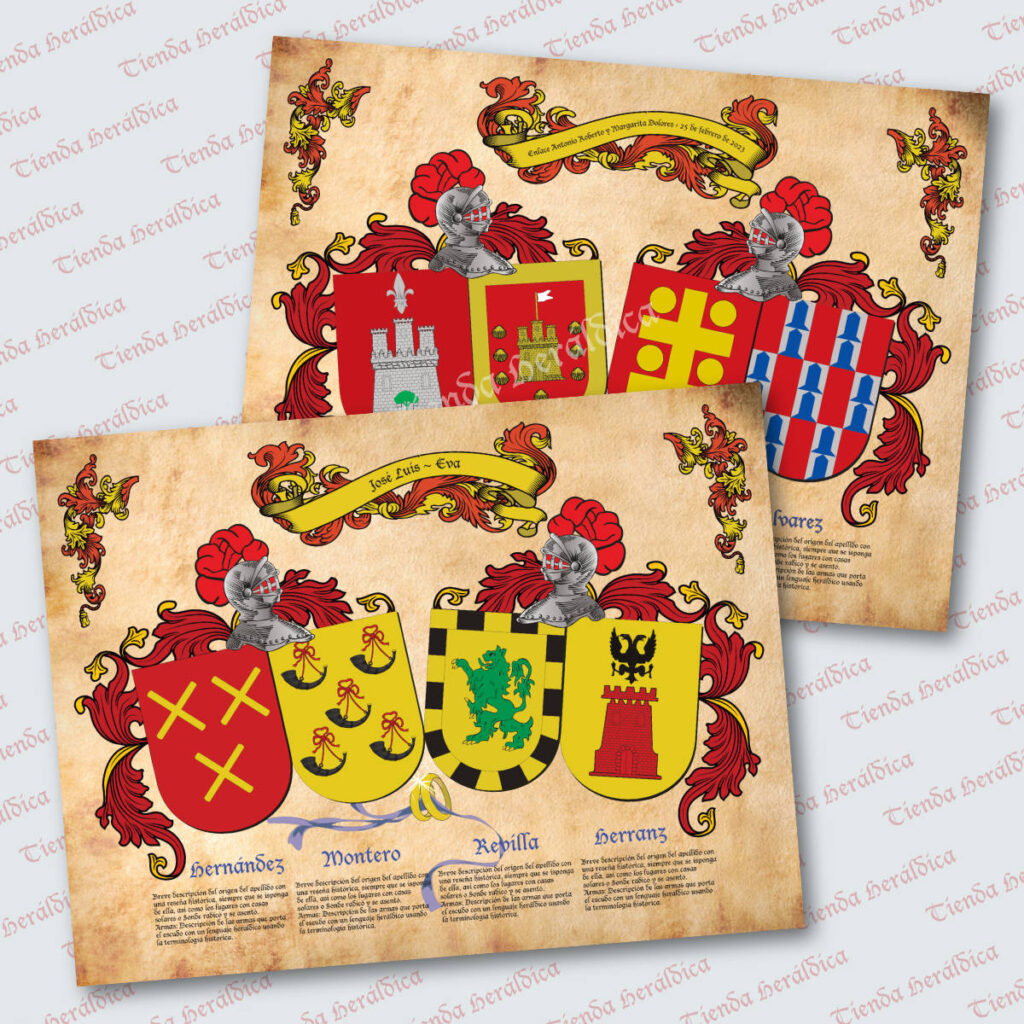 Lámina heráldica 4 escudos fondo pergamino » Tienda Heráldica